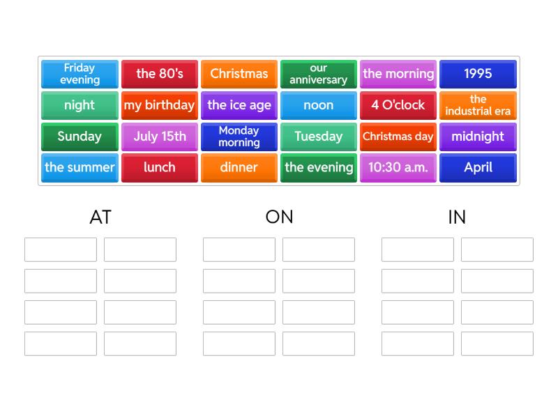 Prepositions of time: in, on, at. - Сортування за групами