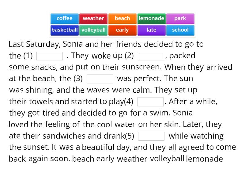 A Day at the Beach - Reading test - Complete the sentence