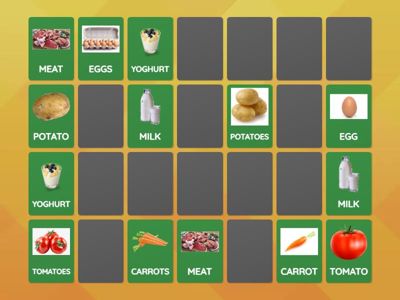 MEMORY GAME: FOOD- SINGULAR/PLURAL AND UNCOUNTABLE NOUNS - Matching pairs