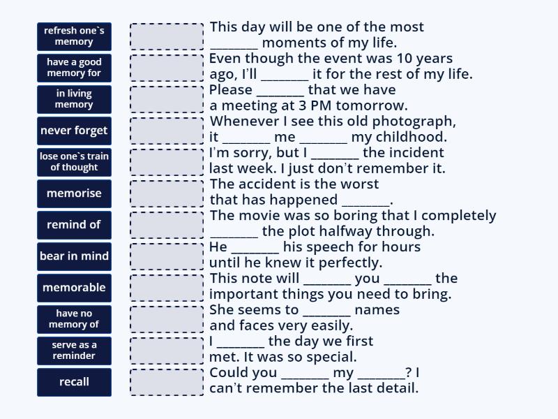 Roadmap B2. Unit 3A. Memory idioms (practice) - Match up