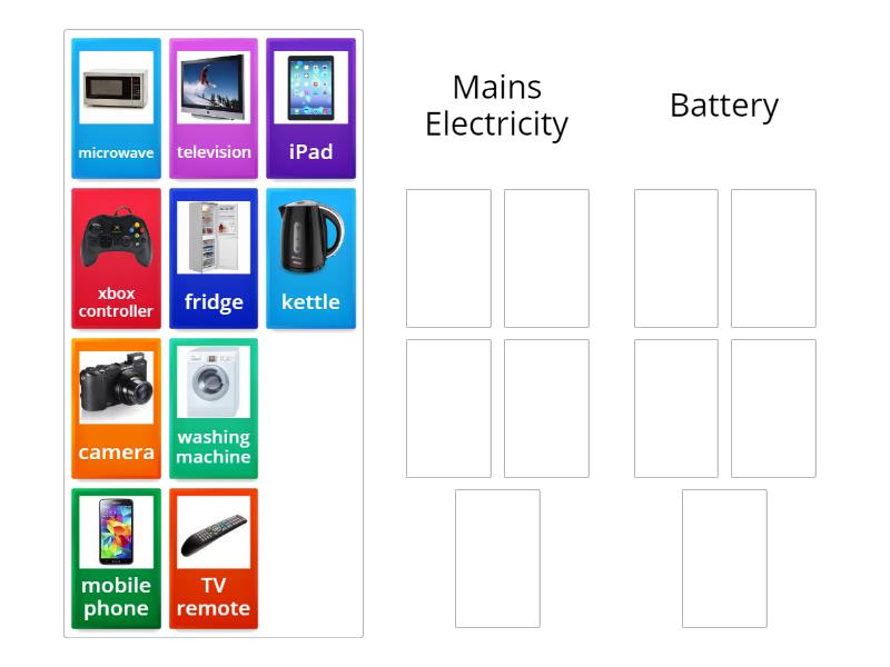 Which appliances are powered by mains electricity? - Group sort