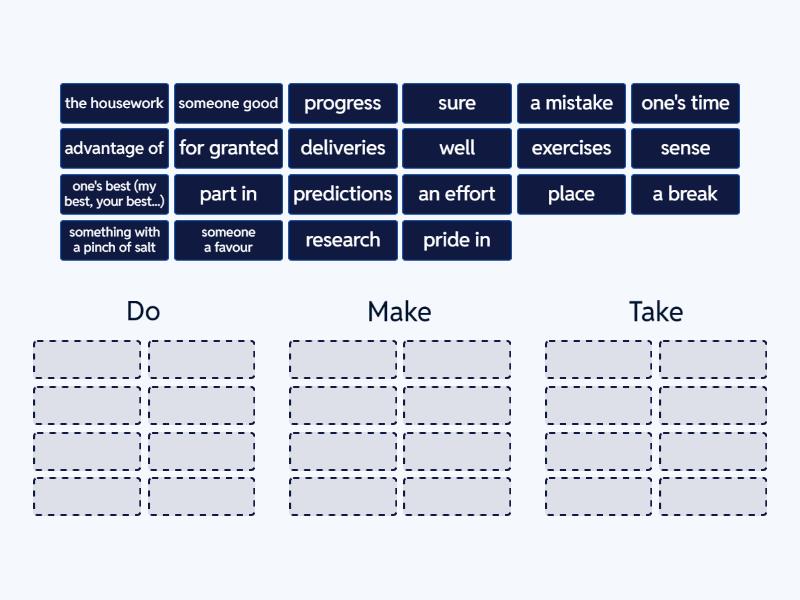 Collocations with do, make and take - Ordenar por grupo