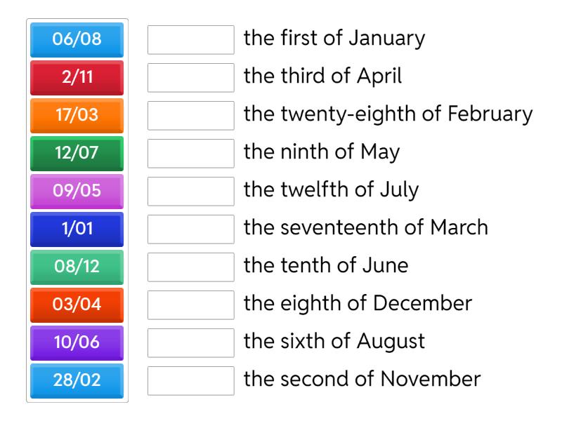 Dates and Ordinal Numbers - Match up