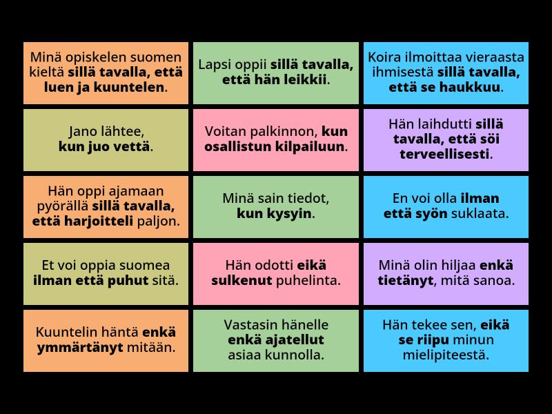 3. infinitiivi / Adessiivi +malla, +mällä / Abessiivi +matta, +mättä - Flip tiles