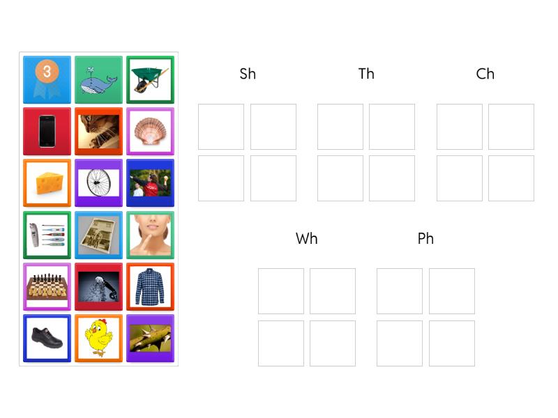 consonant digraph word sort ch, th, sh, wh - Group sort