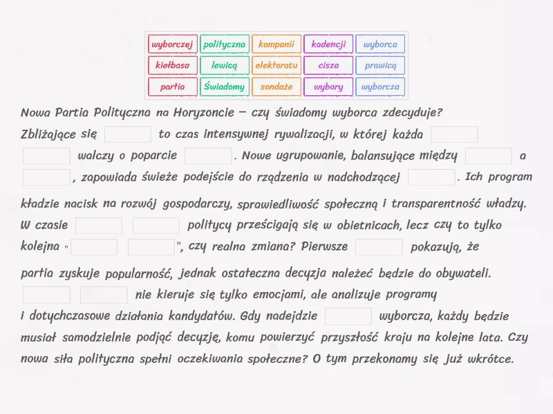 Artykuł o partii politycznej, proszę uzupełnić. (ćwiczenie słownictwa L17), B1 - Uzupełnij zdanie