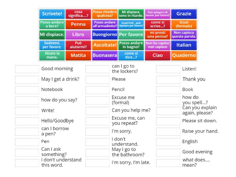 Italian common classroom language - Abbinamenti
