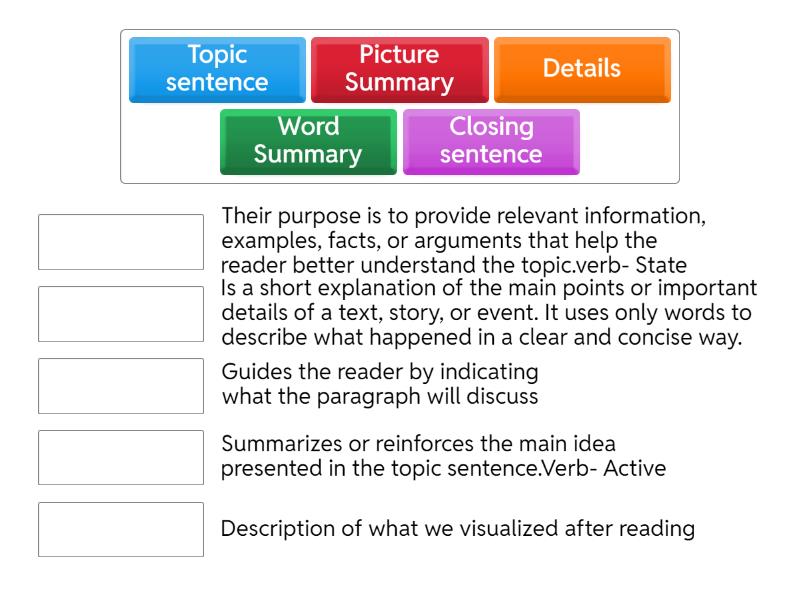 Topic sentence, details and closing sentence - Match up