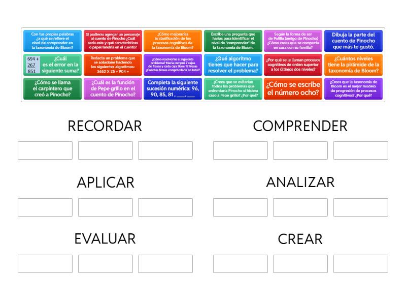Ejercicio 2. Preguntas de la taxonomía de Bloom. - Ordenar por grupo