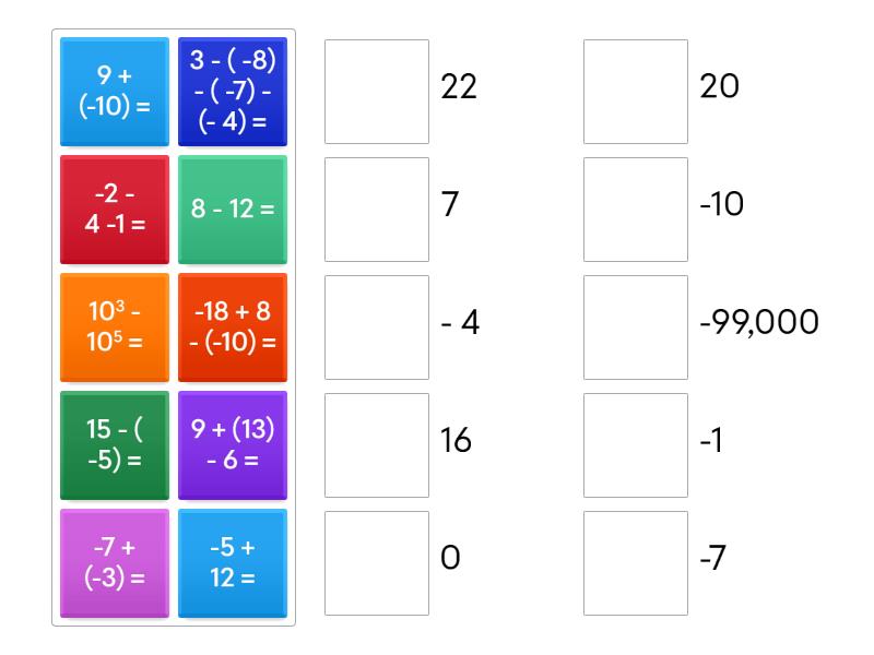 Addition and subtraction of Integers - Match up