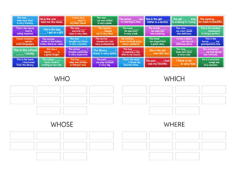 RELATIVE PRONOUNS WHICH, WHOSE, WHERE AND WHO - Group sort