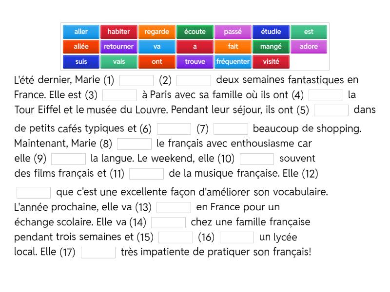 Les vacances de Marie - Tenses - Complete the sentence