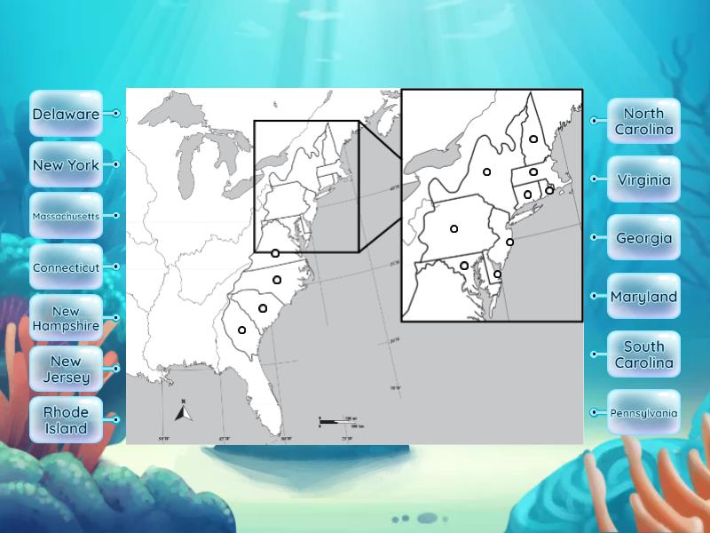 13 Colonies Map Matching Game - Labelled diagram