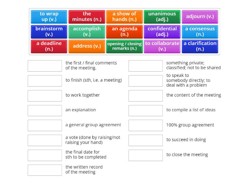 Business meetings vocabulary - Match up