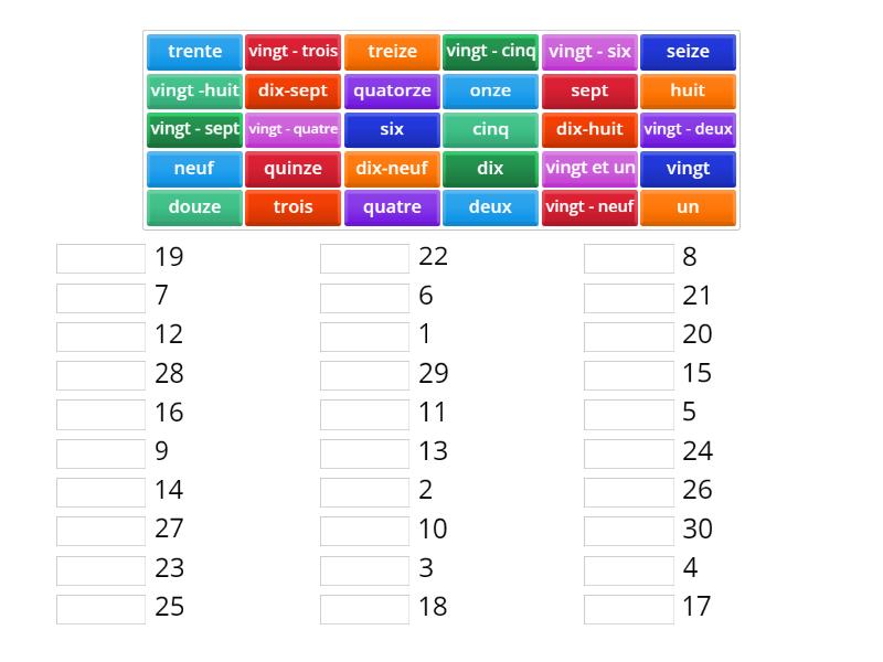Les nombres 0-30 en francais - Apparier