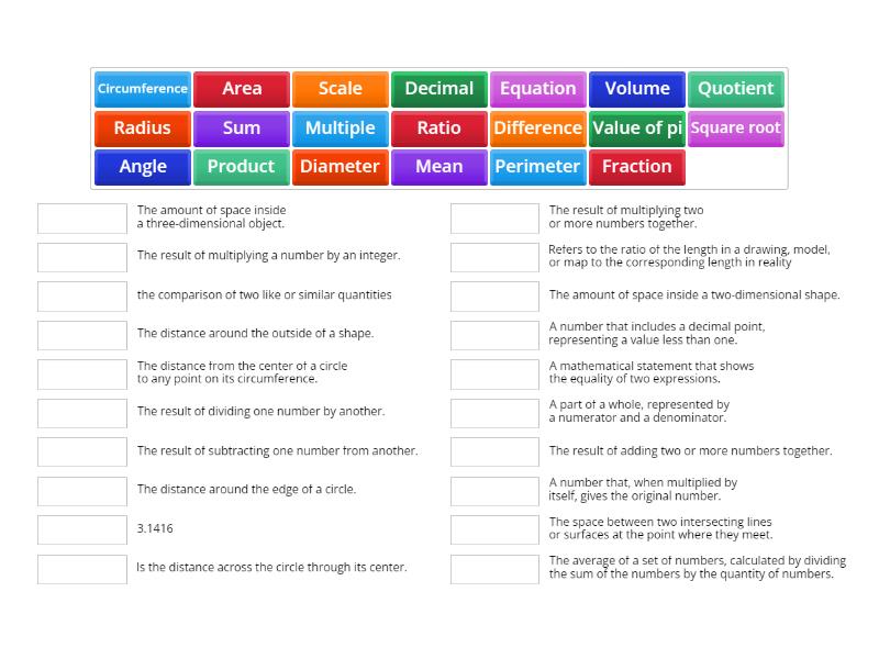 Math Vocabulary Matching Game - Match up