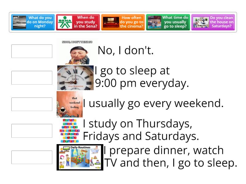 Wh- Questions, Daily Routines and Free Time Activities - Match up