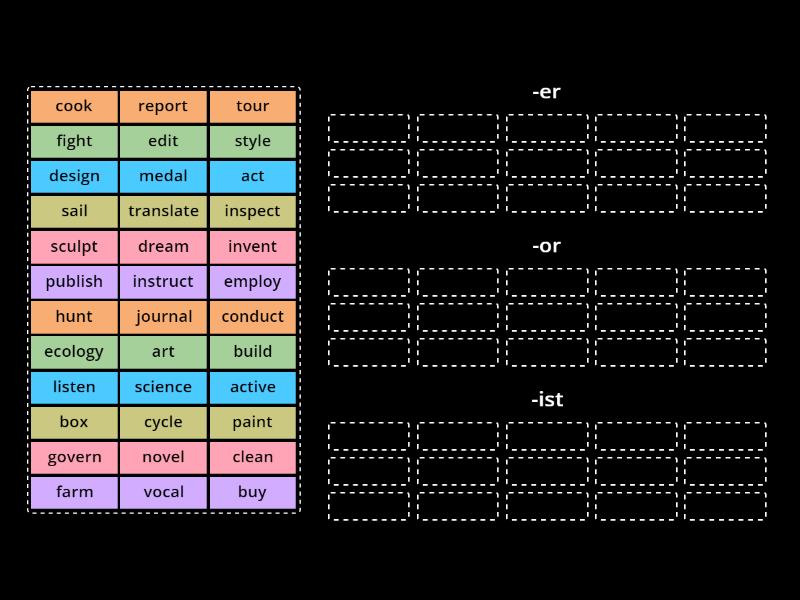 Suffixes -er, -or, -ist - Group sort