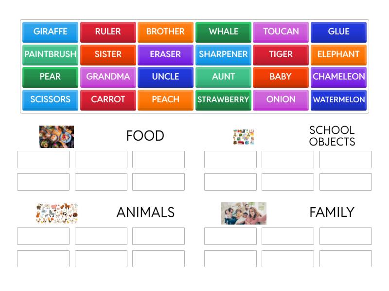 Sort into categories: family - animals - school objects - food - Group sort