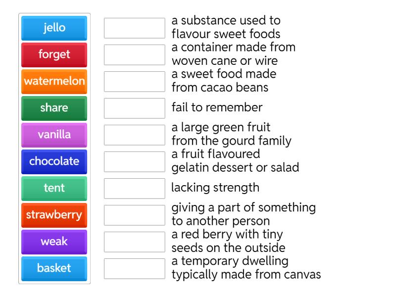 Matching Word with Definitions: Bedrock Year 2 Week 30 - Une las parejas