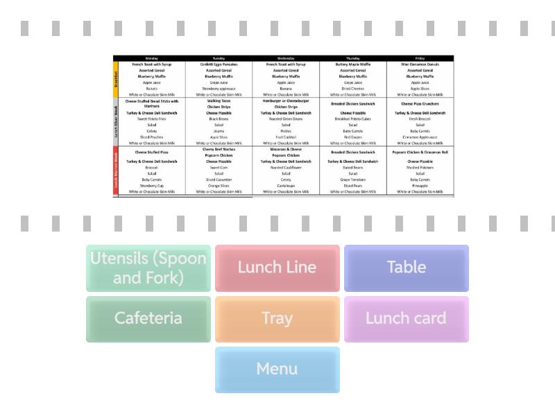 School lunch vocabulary - Find the match