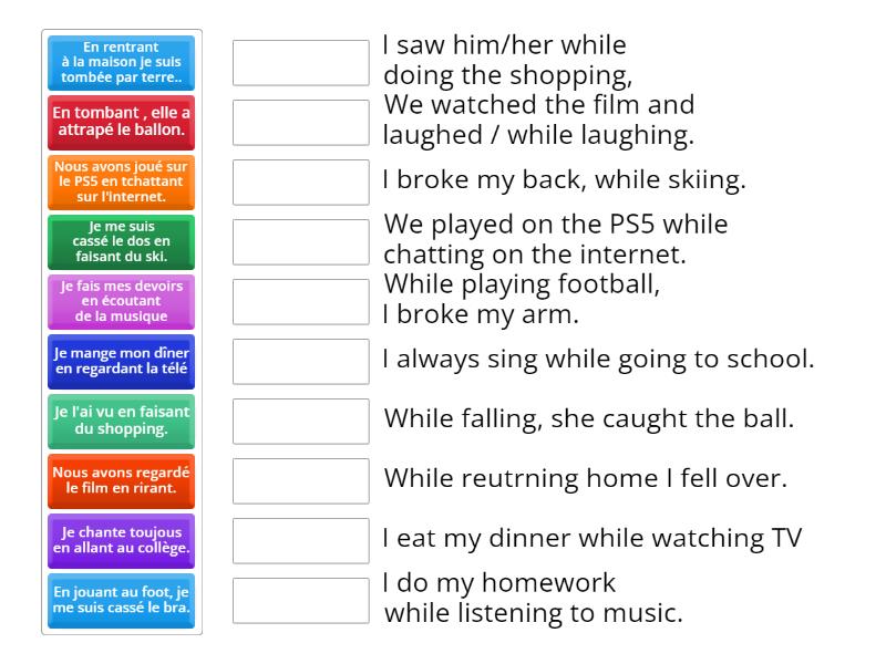 French Present Participle Sentences. - Match up