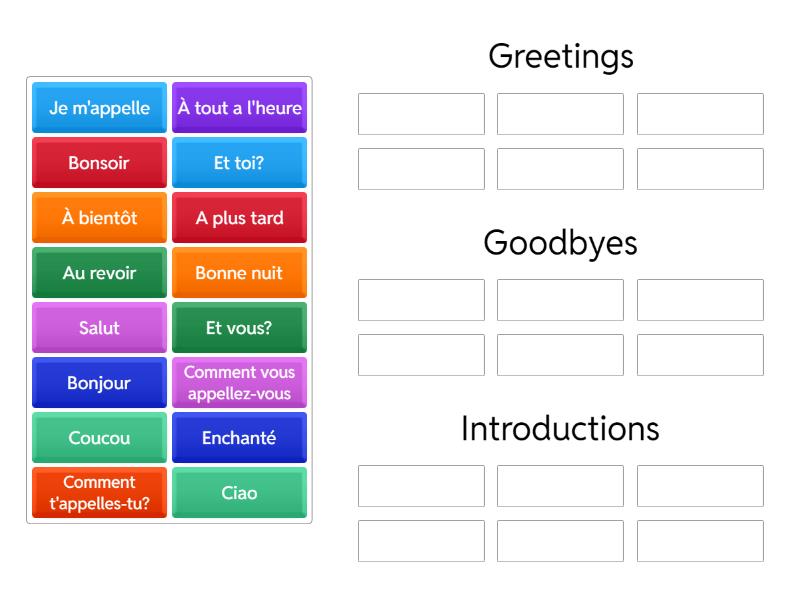 Greetings, Goodbyes, Introductions in French - Group sort