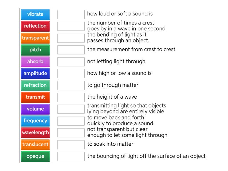 Sound and Light Vocabulary - Match up