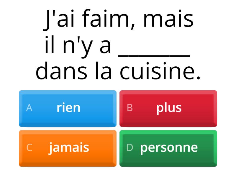Négation (rien, plus, jamais, personne) - Quiz