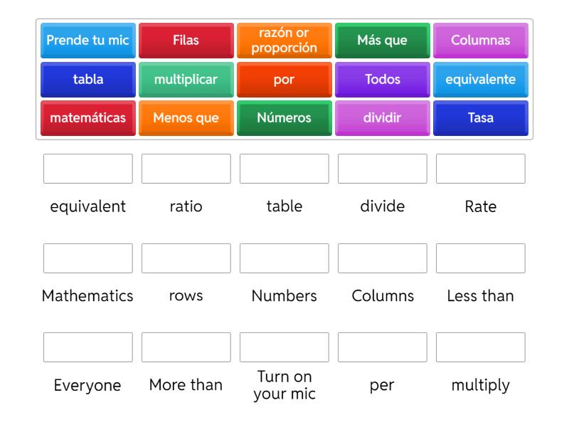 matemáticas en español- vocabulario - Match up