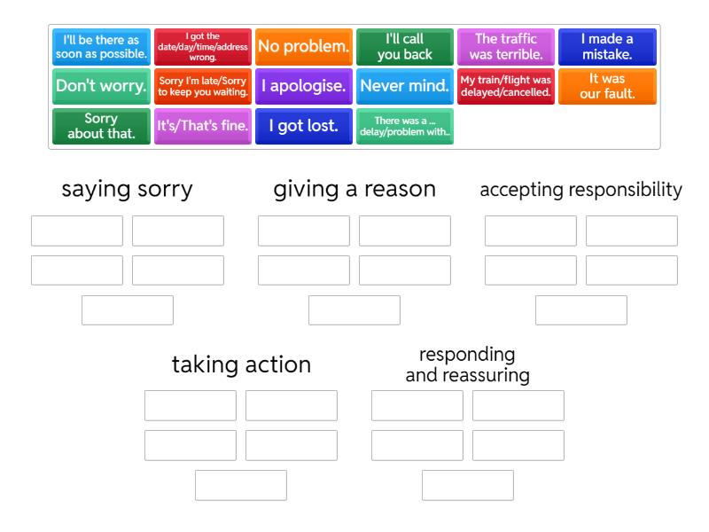 Speakout 3rd Edition. B1 2C apologise and give reasons - Group sort