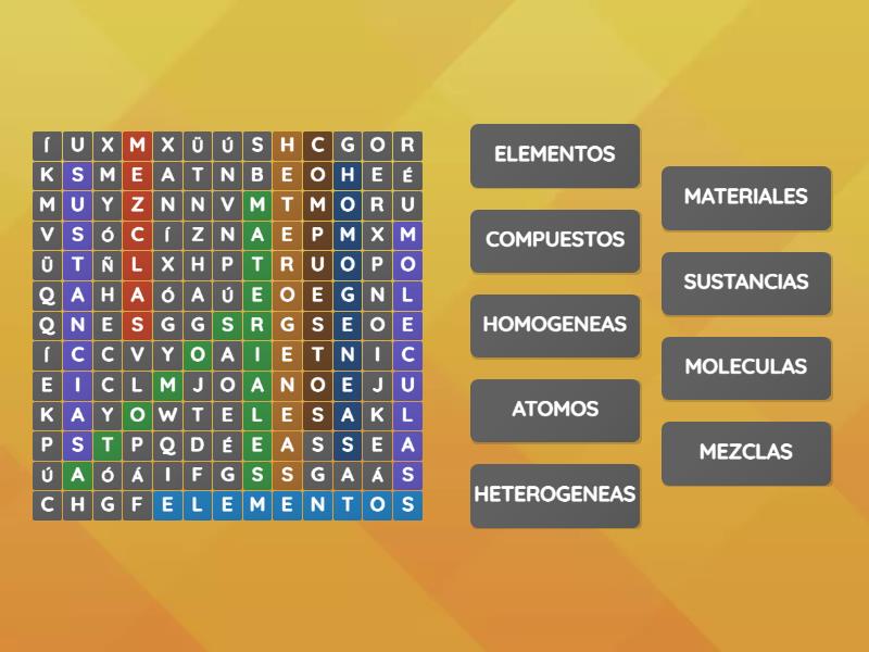 Simbología química de elementos y compuestos. - Sopa de letras