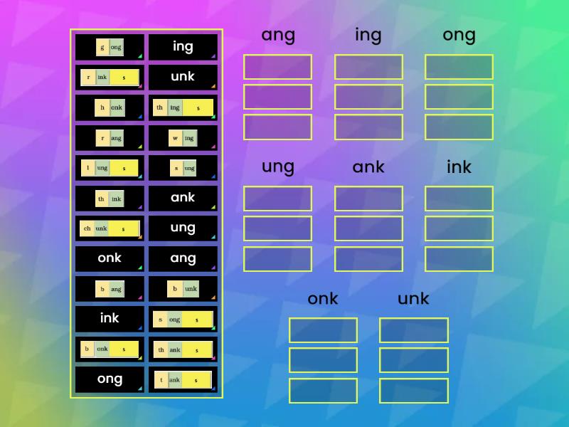 Level 1, Unit 7: ng/nk glued sounds sort (with suffix -s) - Group sort
