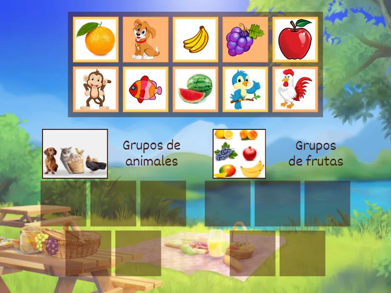 Aventuras de arrastrar y soltar animales y frutas - Ordenar por grupo
