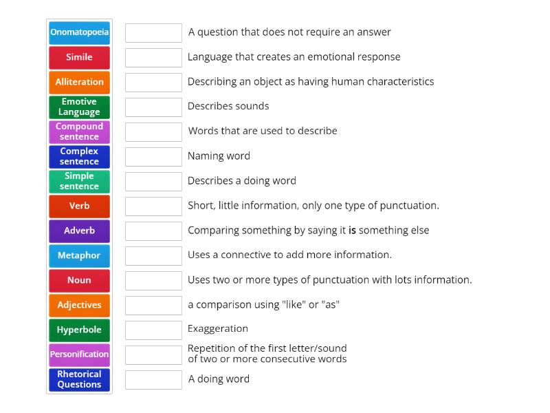 Game : Word types, language techniques and sentence structures - المطابقة
