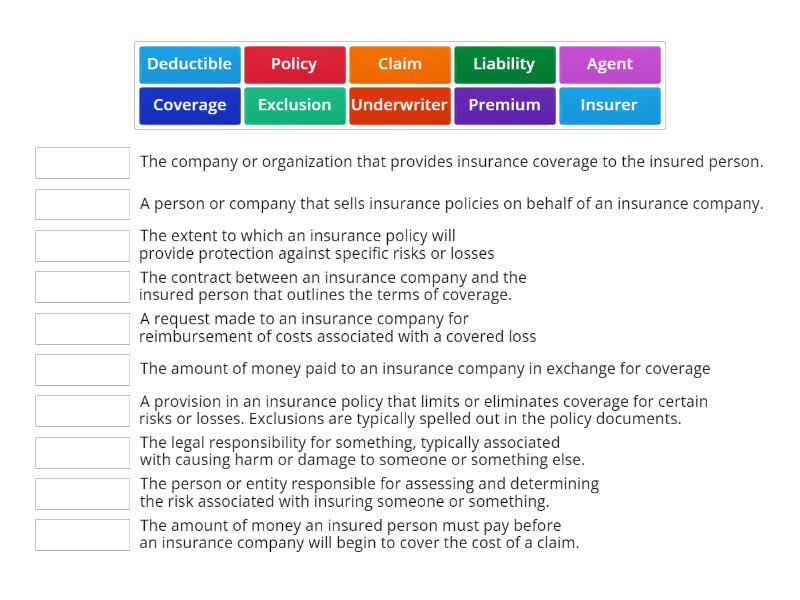 Insurance vocabulary - Match up