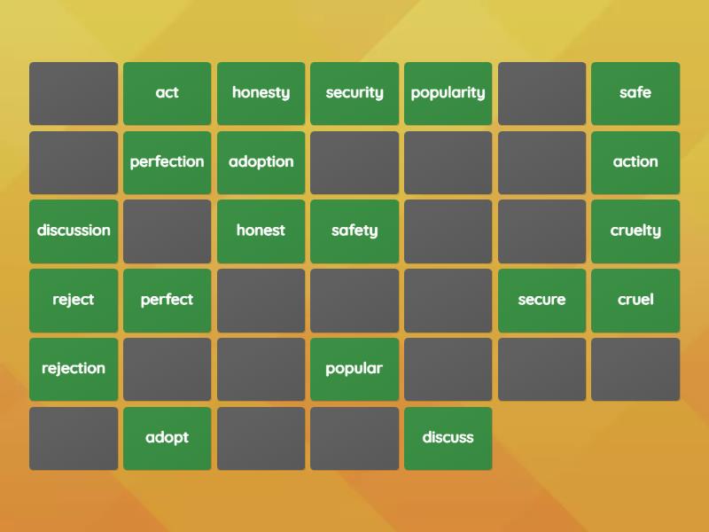 (matching) Noun Suffixes (-tion, -ty, -sion, -ness, -ment) - Matching pairs