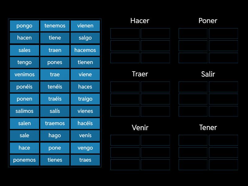 Go verb conjugations- Hacer/Poner/Traer/Salir/Tener/Venir - Group sort