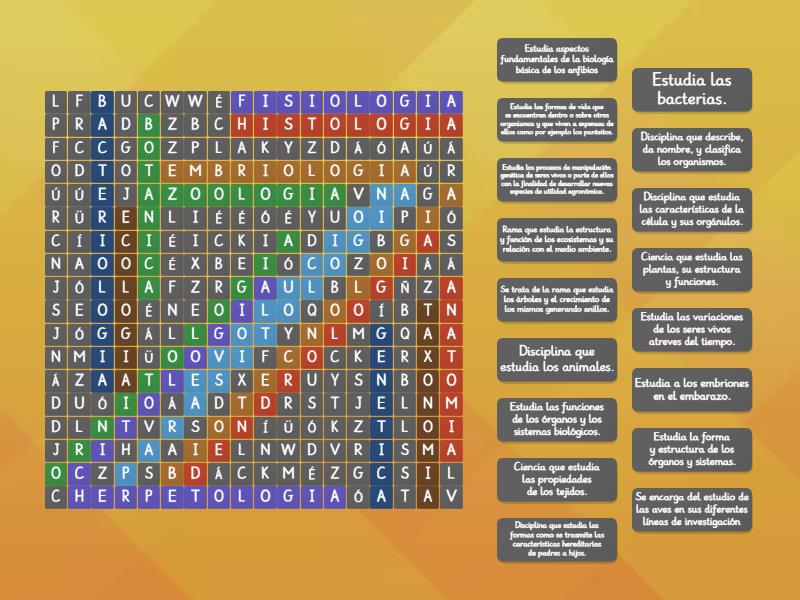 RAMAS DE LA BIOLOGÍA - Sopa de letras