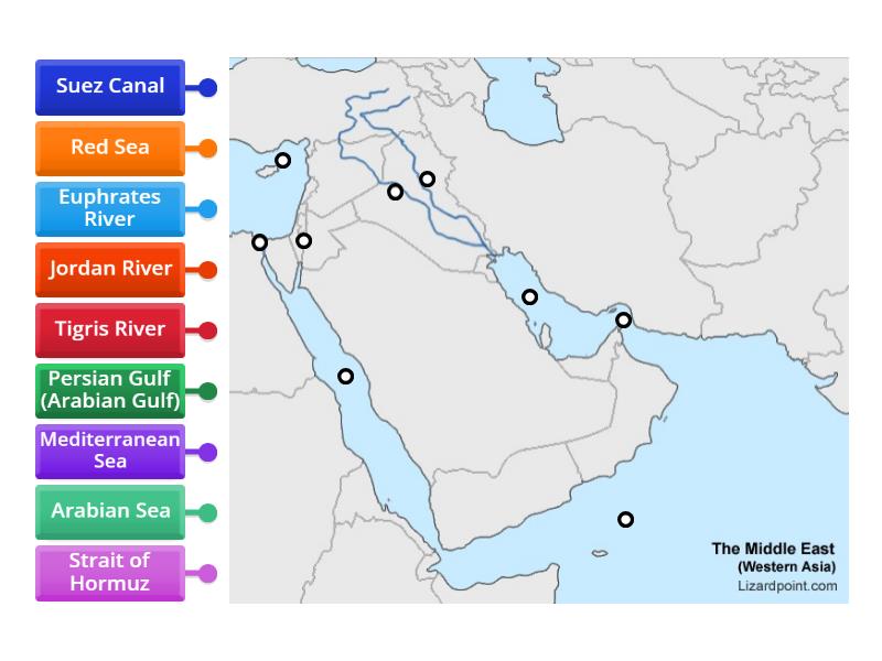 Southwest Asia Physical Features Map - Labelled diagram