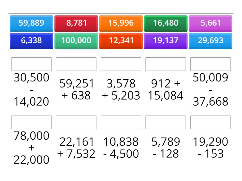 Addition and Subtraction up to 100,000 - Match up
