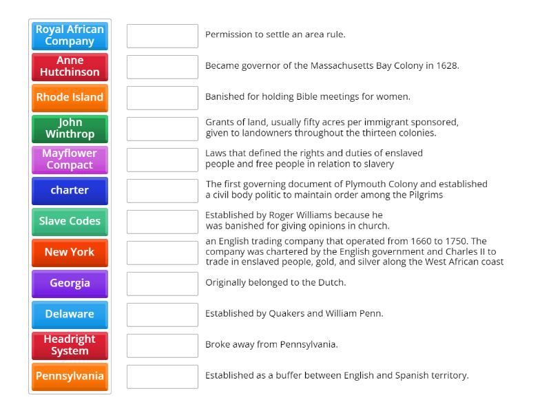 Foundations of the Colonies - Match up