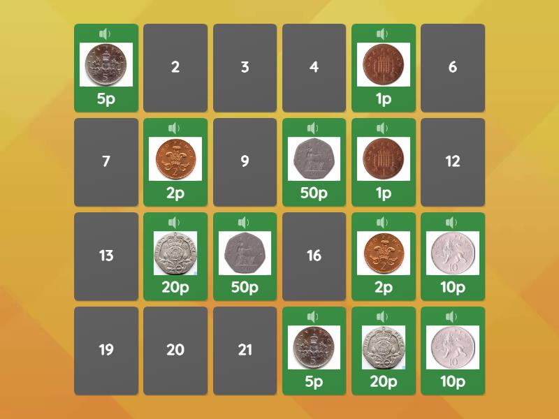 aural cue- Coins Value Matching - Matching pairs