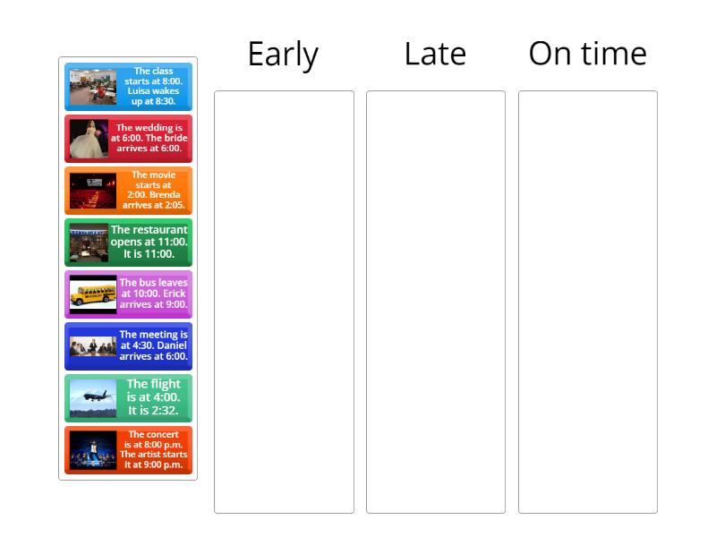 Early, on time, and late. - Categorías