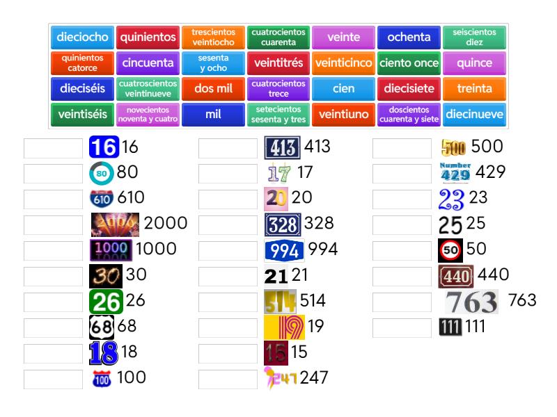 Spanish Numbers 0-1000 - Match up