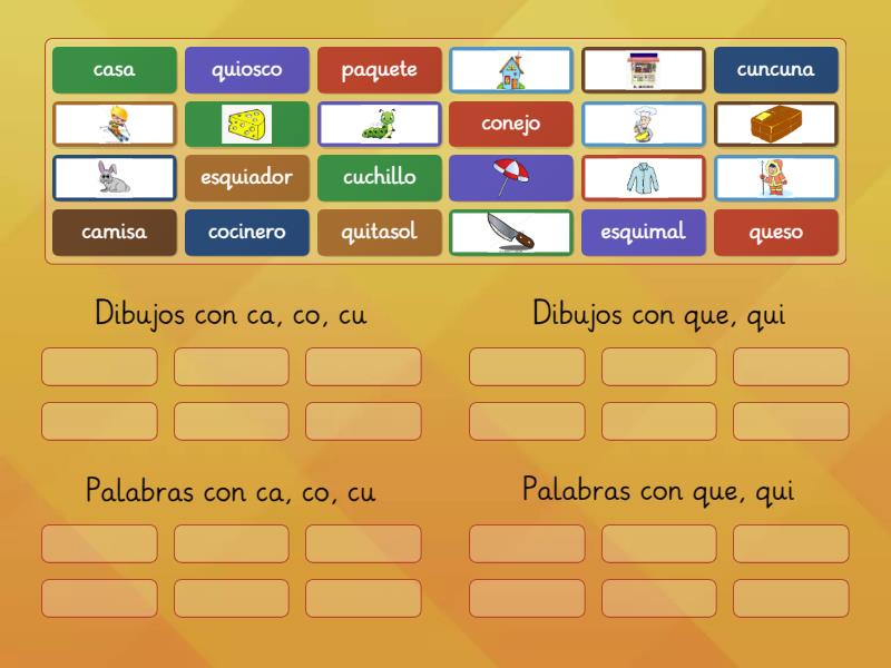Palabras con ca, co, cu, que ,qui - Ordenar por grupo