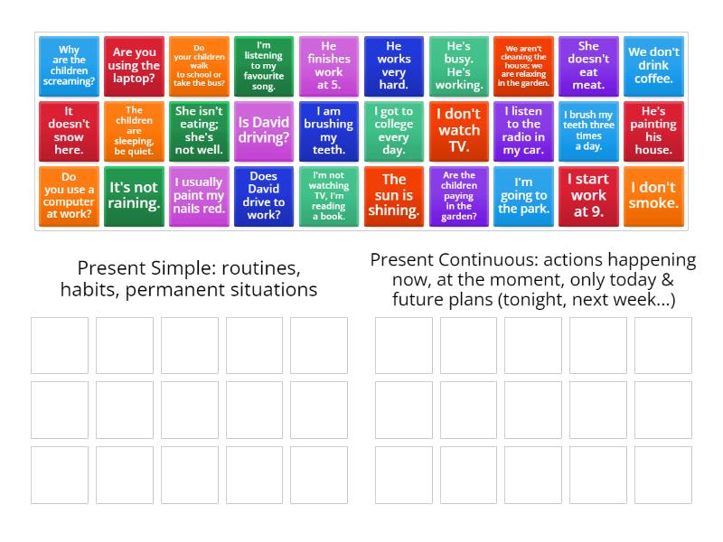 Present Simple vs. Present Continuous - Group sort