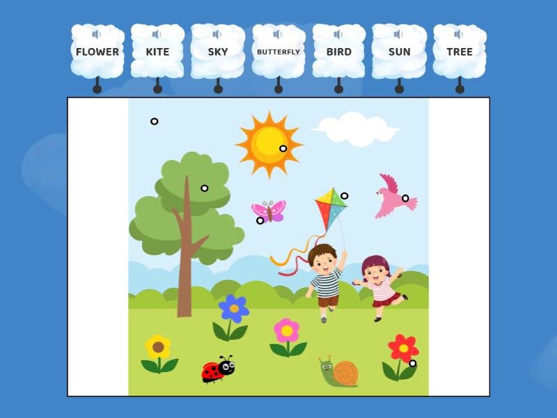 SPRING (sun, butterfly, tree, bird, sky, flower) - Labelled diagram