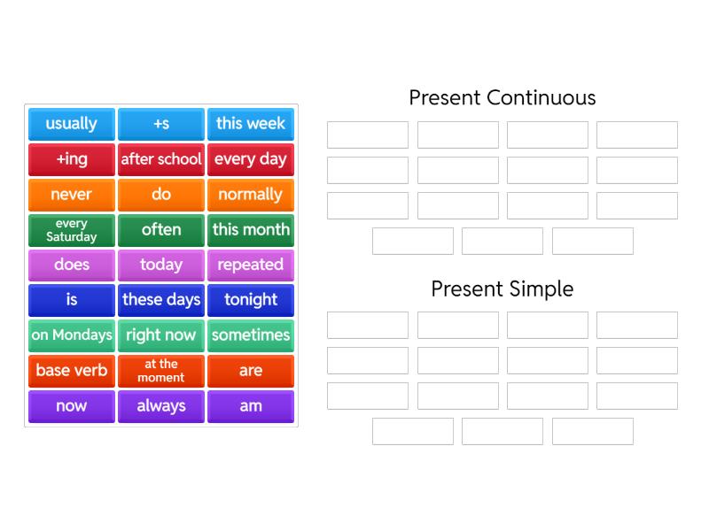 Present Continuous vs. Present Simple - Key words - Group sort