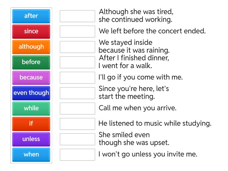 Subordinators (Subordinating Conjunctions) - Match up